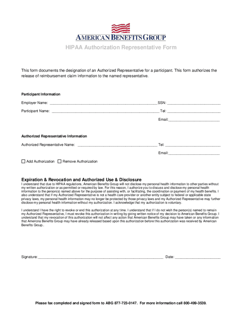Fillable Online HIPAA Authorization Representative Form Fax Email Print ...