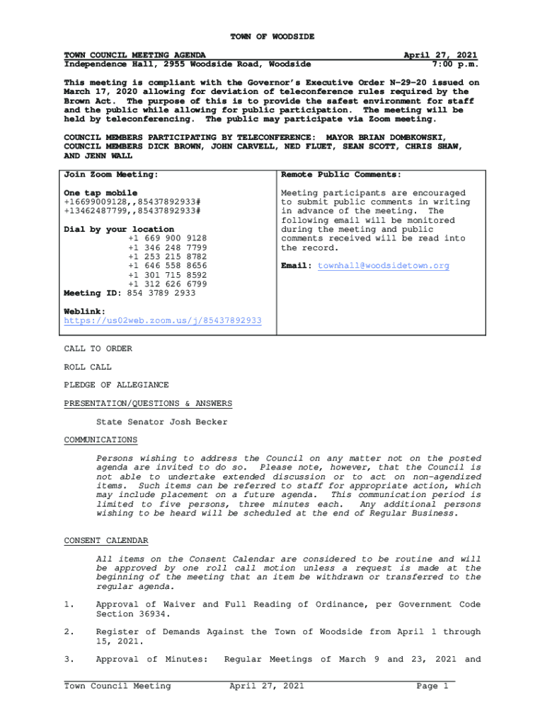 Fillable Online COUNCIL MEMBERS PARTICIPATING BY TELECONFERENCE: MAYOR ...