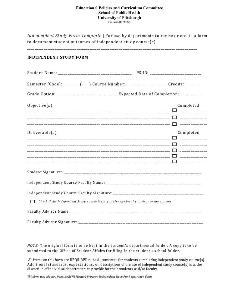 Fillable Online The Independent Study Form Template was endorsed by the ...