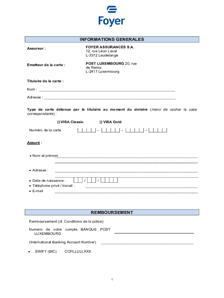 Remplissable En Ligne FOYER ASSURANCES S.A. FICHE D'INFORMATION ... Fax ...