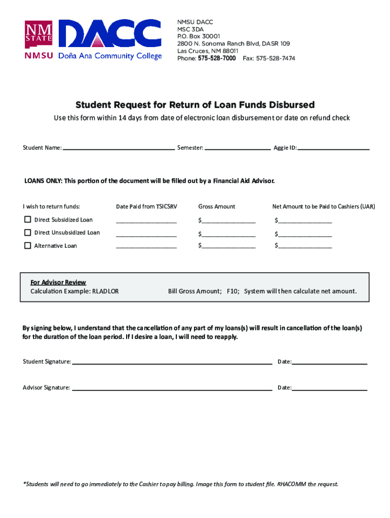 Fillable Online Student Request for Return of Loan Funds Disbursed Fax ...
