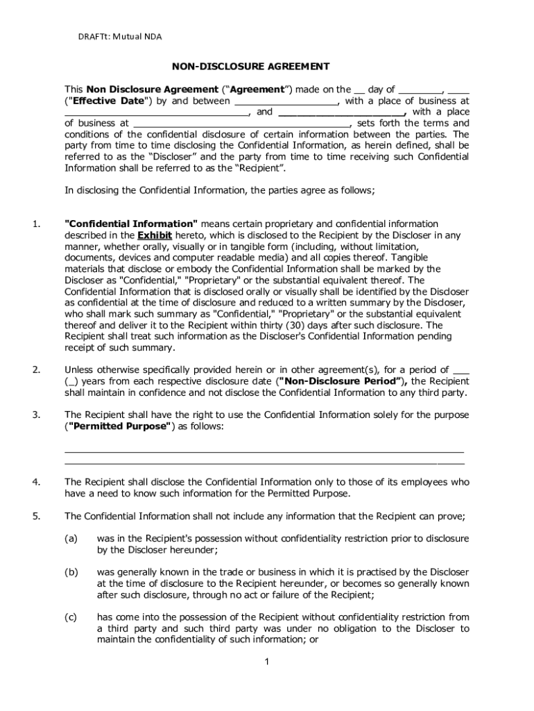 Fillable Online DRAFTt: Mutual NDA 1 NON-DISCLOSURE AGREEMENT This Non ...