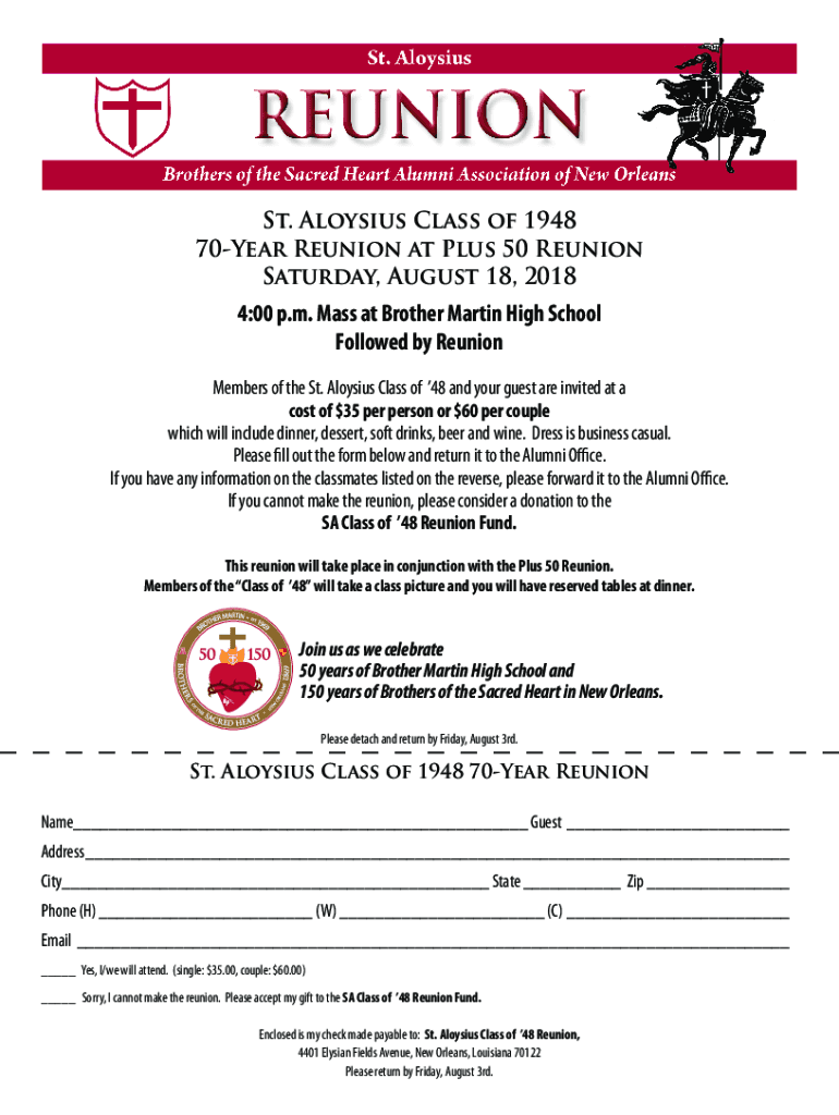 Fillable Online St. Aloysius Class of 1948 70-Year Reunion at Plus 50 ...