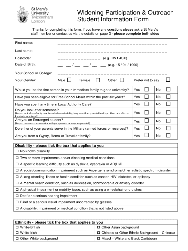 Fillable Online Widening Participation & Outreach Student Information ...