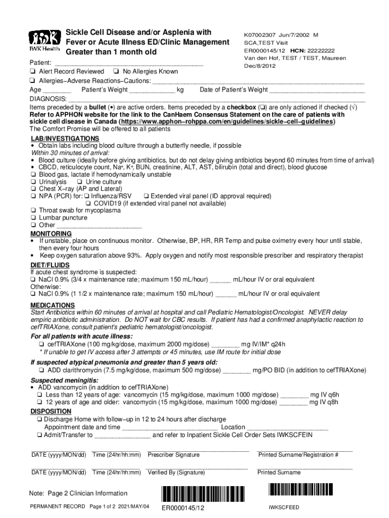 Fillable Online Sickle Cell Disease and/or Asplenia with Fax Email Print - pdfFiller