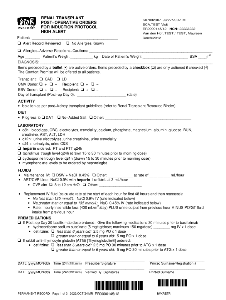 Fillable Online RENAL TRANSPLANT PRE-OPERATIVE ORDERS FOR ... Fax Email Print - pdfFiller