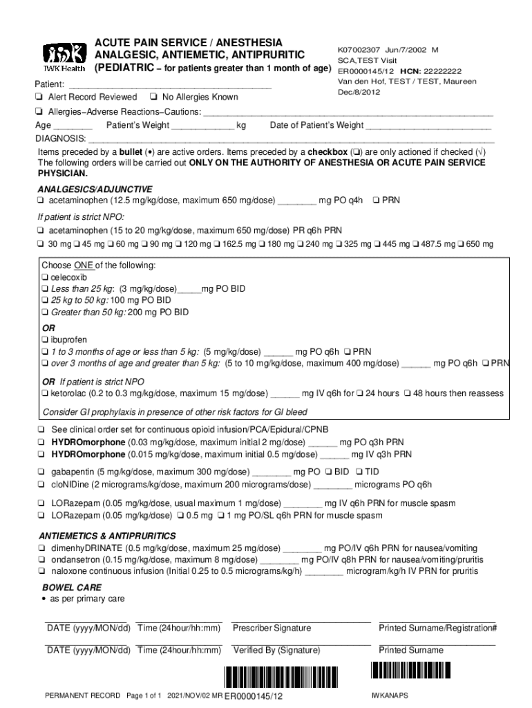 Fillable Online ACUTE PAIN SERVICE / ANESTHESIA Fax Email Print - pdfFiller