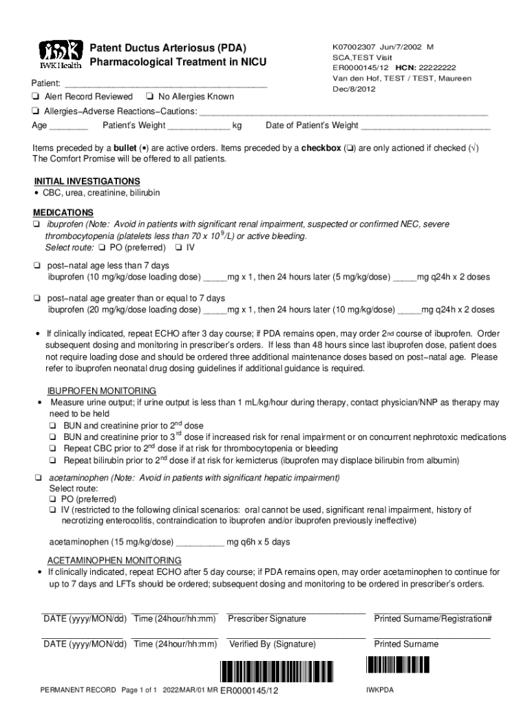 Fillable Online Patent Ductus Arteriosus (PDA) Pharmacological ... Fax ...