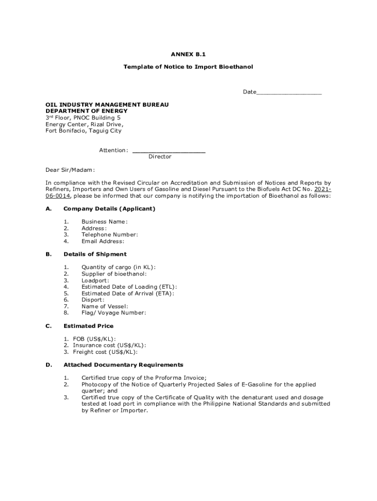 Fillable Online Annex A - Template of Notice to Import Lubes, Greases ...