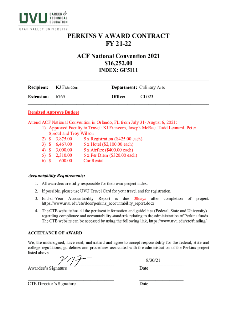 Fillable Online PERKINS V AWARD CONTRACT FY 21-22 Fax Email Print ...