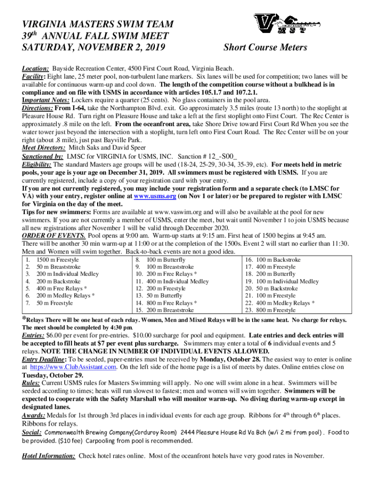 Fillable Online virginia master fall swim meet bayside rec center form ...