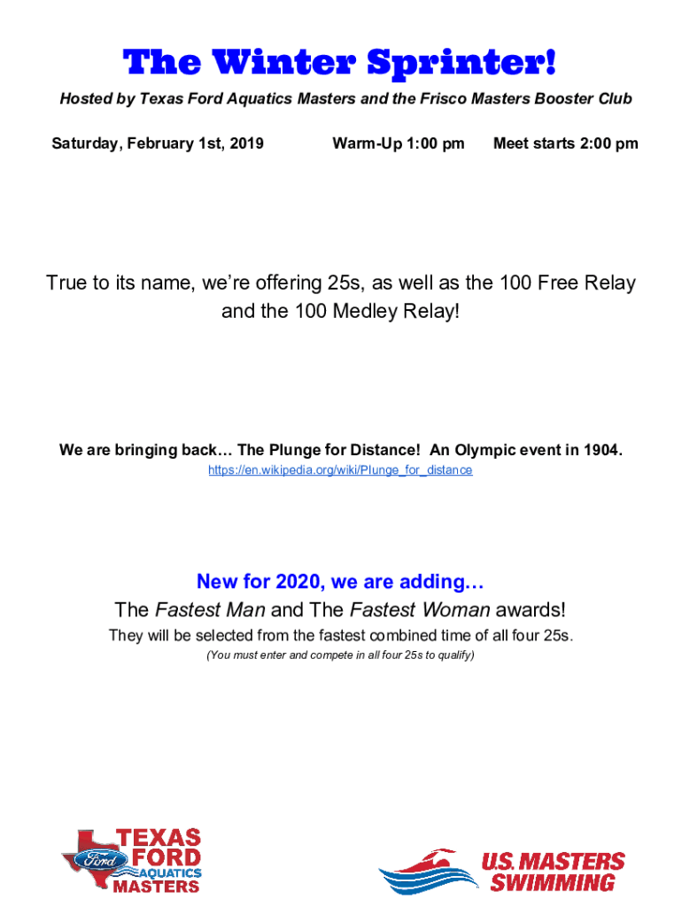 Fillable Online The Winter Sprinter - SCY - Texas Ford Aquatics Masters ...