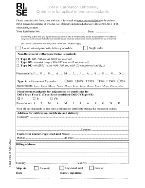 Fillable Online Optical Calibration Laboratory Order form for ... Fax ...