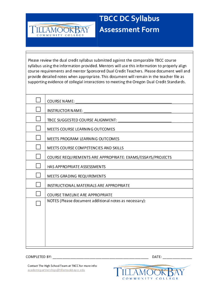 Fillable Online TBCC DC Syllabus Assessment Form Fax Email Print ...