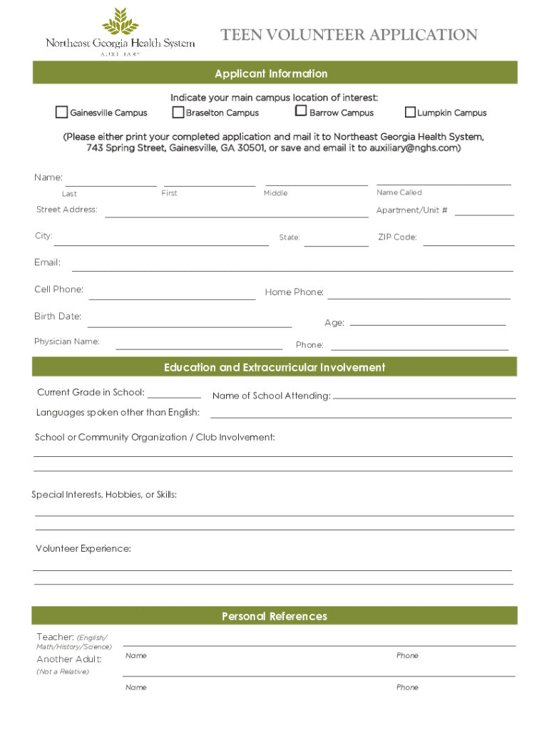 Fillable Online TEEN VOLUNTEER APPLICATION Fax Email Print - pdfFiller