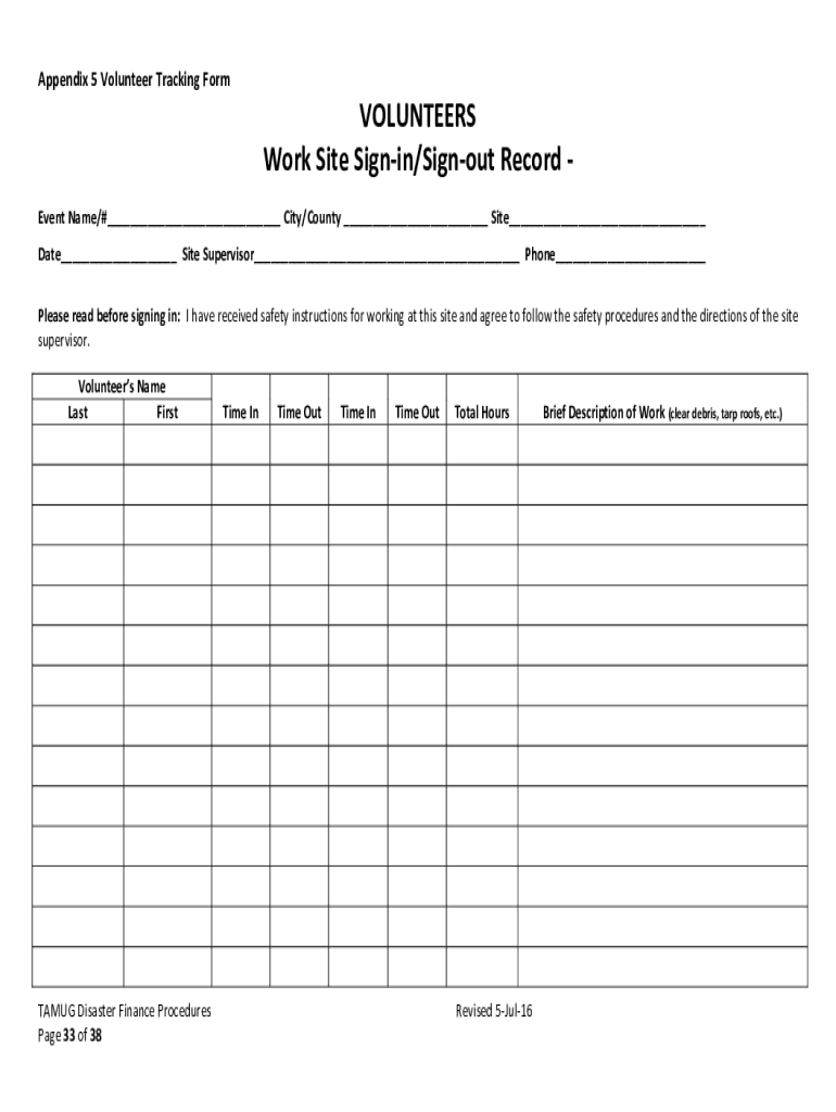 Fillable Online VOLUNTEERS Work Site Sign-in/Sign-out Record - Fax ...