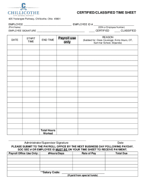 Fillable Online CERTIFIED/CLASSIFIED TIME SHEET Payroll use only Fax ...