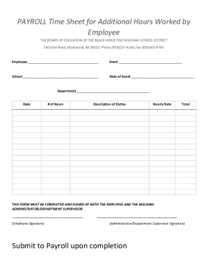 Fillable Online PAYROLL Time Sheet for Additional Hours Worked by ...