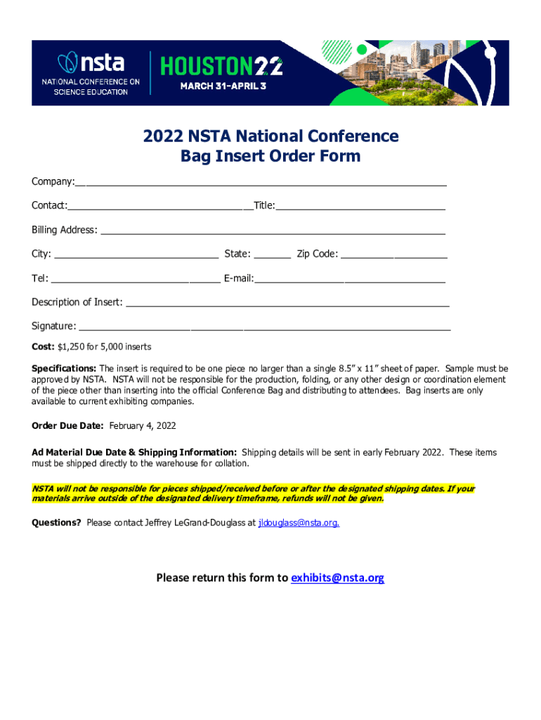 Fillable Online 2022 NSTA National Conference Bag Insert Order Form Fax ...
