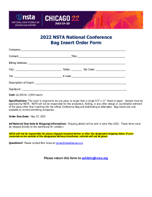Fillable Online 2023 NSTA National Conferences Bag Insert Order Form Fax Email Print - pdfFiller