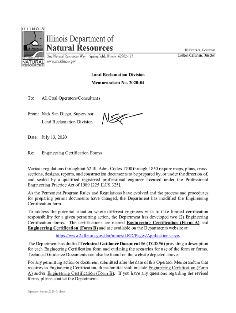 Fillable Online dnr illinois Engineering Certification Forms - Illinois ...