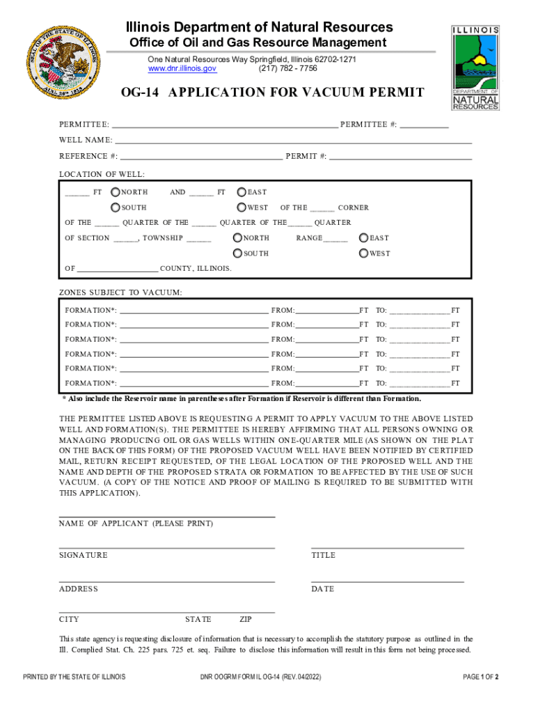 Fillable Online dnr illinois OG-14 Application for Vacuum Permit ...