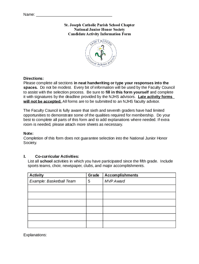 Fillable Online ST Joseph National Junior Honor Society Application ...