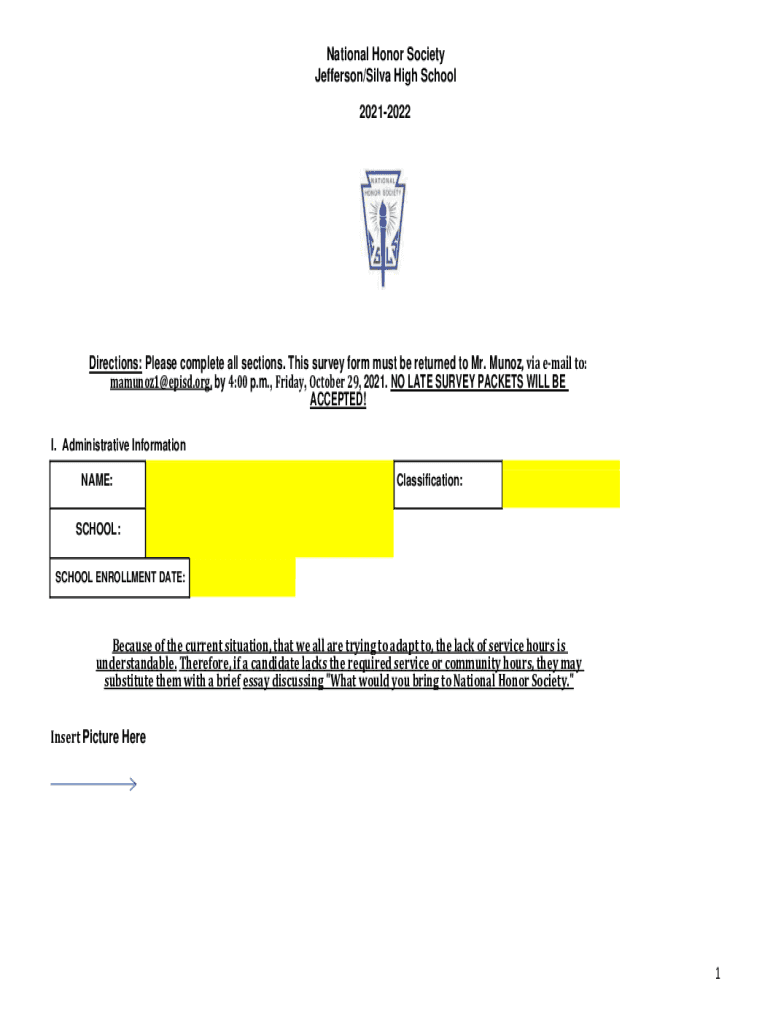 Fillable Online National Honor Society / NHS Application - El Paso Fax Email Print - pdfFiller
