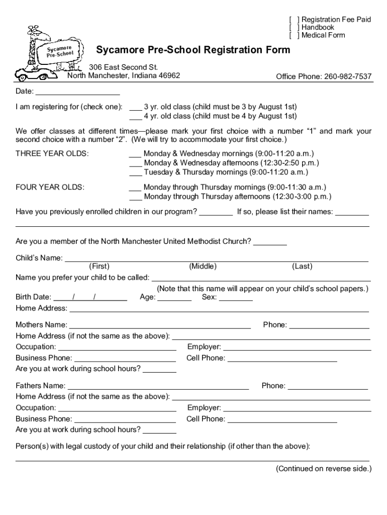 Fillable Online Sycamore Pre-School Registration Form Fax Email Print ...