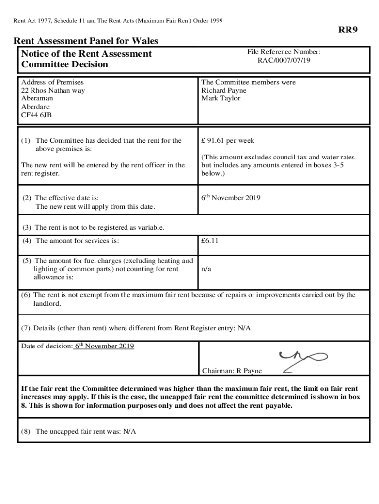 Fillable Online RR9 Rent Assessment Panel for Wales Notice of the ...