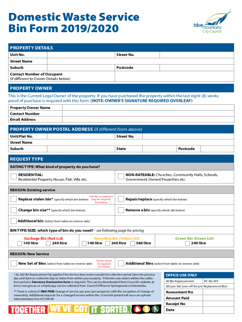 Fillable Online Domestic Waste Service Bin Form 2019/2020 Fax Email ...