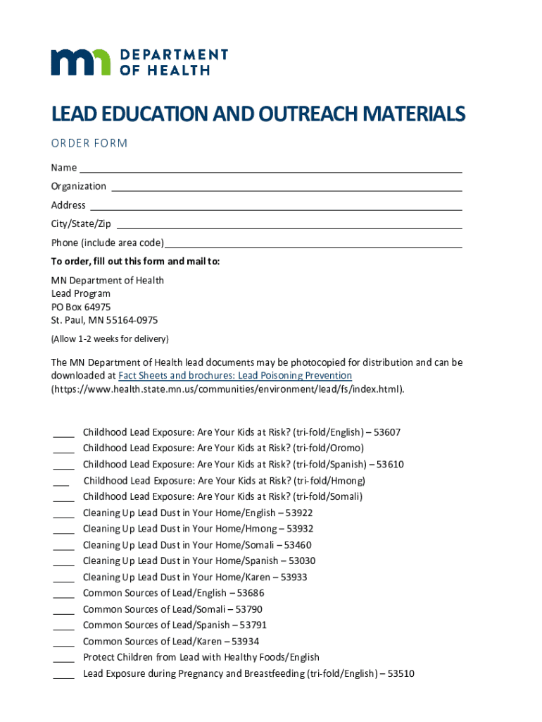 Fillable Online Lead Education and Outreach Materials Order Form Fax ...