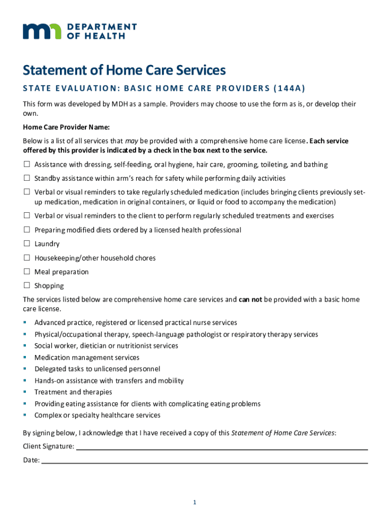 Fillable Online Statement of Home Care Services Basic. MDH sample form ...