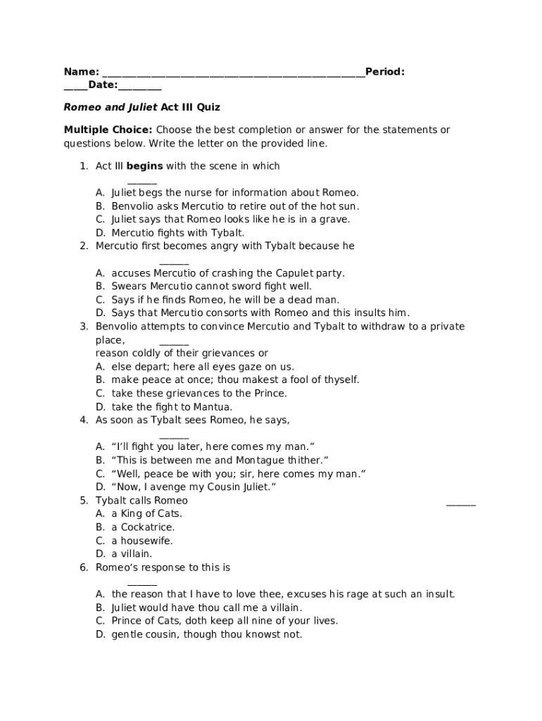 Romeo and Juliet Act III Quiz - Blank Fillable Template | Fill Out ...