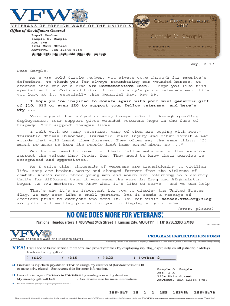 Fillable Online May, 2017 Dear Sample, As a VFW Gold Circle member ...