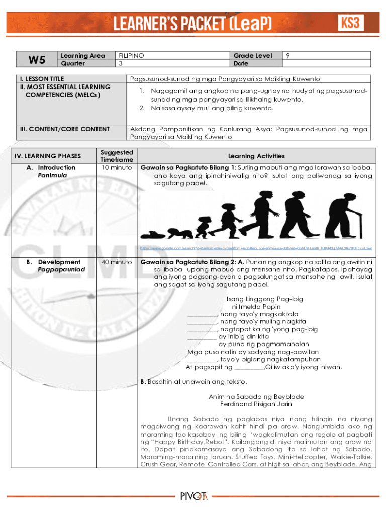 Fillable Online W5 Learning Area FILIPINO Grade Level 9 Quarter 3 Date ...