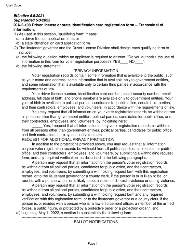 Fillable Online le utah 20A-2-108 Driver license or state ...