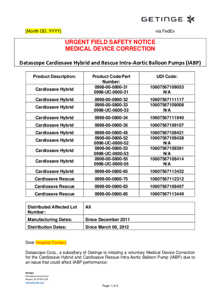 Fillable Online Recall by Datascope/Getinge of Certain Cardiosave ...