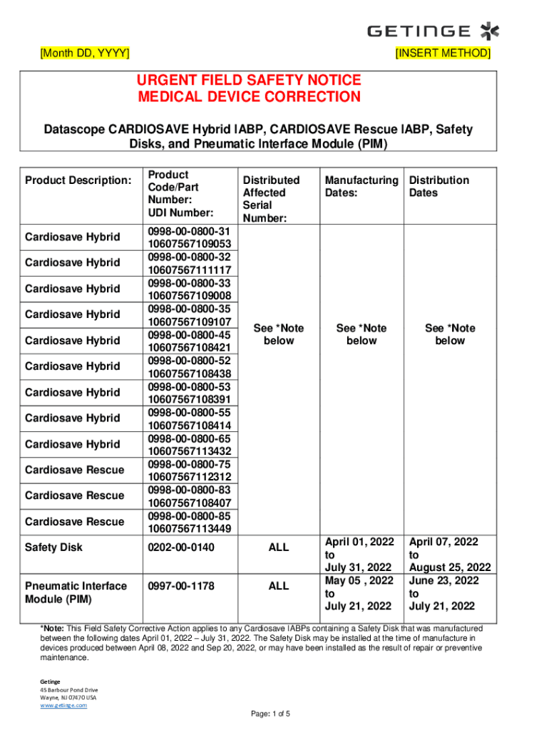 Fillable Online Datascope/Getinge Recalls Certain Cardiosave Hybrid and ...