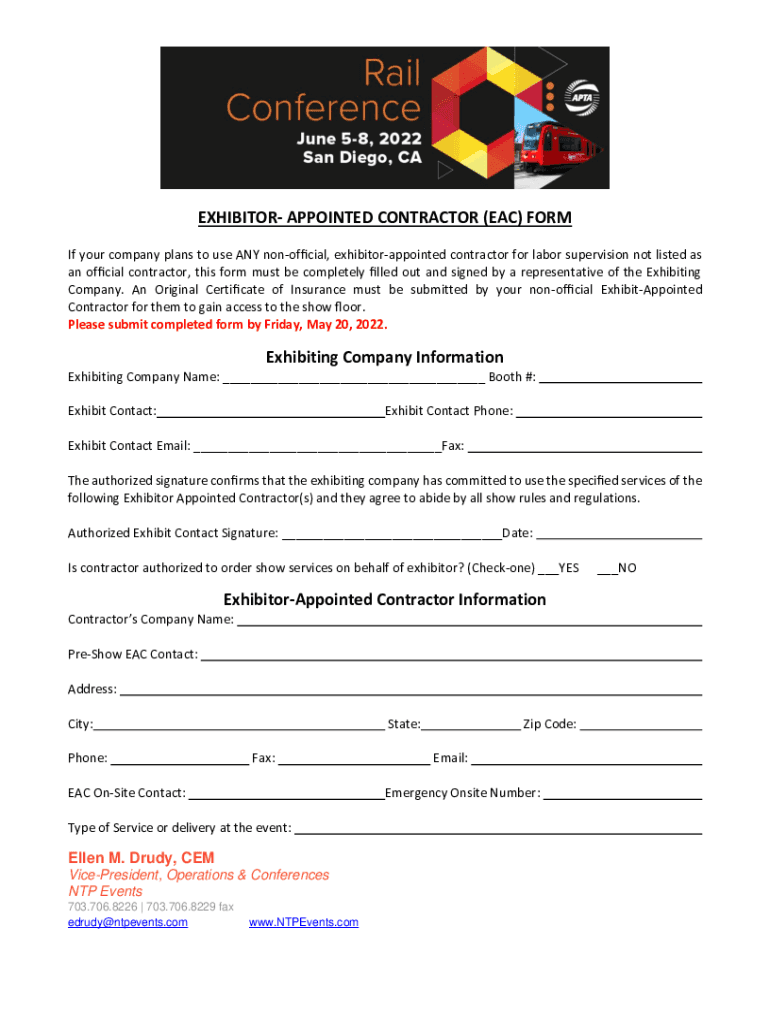 Fillable Online EXHIBITOR APPOINTED CONTRACTOR FORM Fax Email Print ...