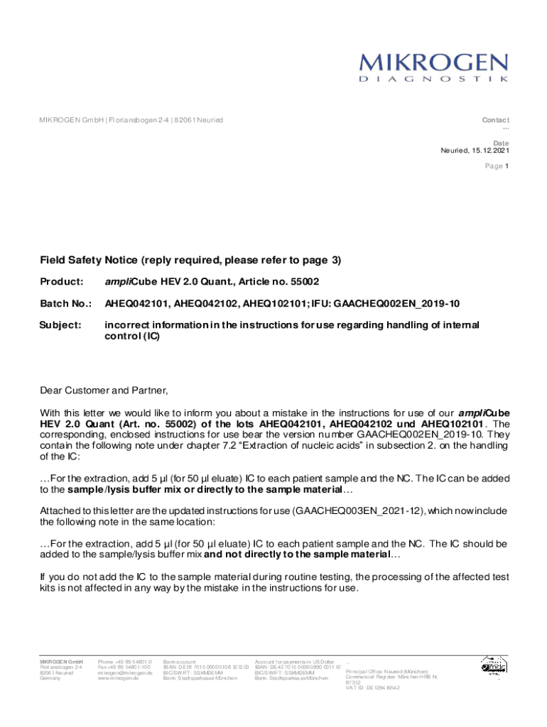 Fillable Online Field Safety Notice (reply required, please refer to ...