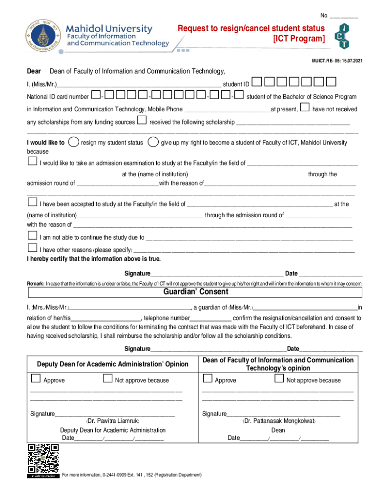 Fillable Online Request to resign/cancel student status ICT ... - ICT Mahidol Fax Email Print ...