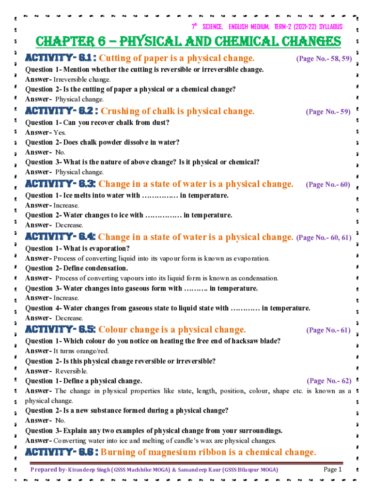 Fillable Online Physical and Chemical Changes in the Kitchen Fax Email ...