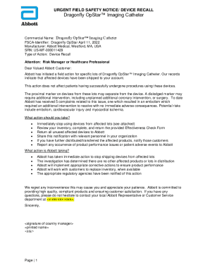 Fillable Online Abbott Dragonfly OpStar Catheter Recall Issued Over Tip ...