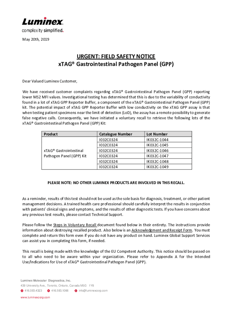 Fillable Online FIELD SAFETY NOTICE xTAG Gastrointestinal Pathogen ...