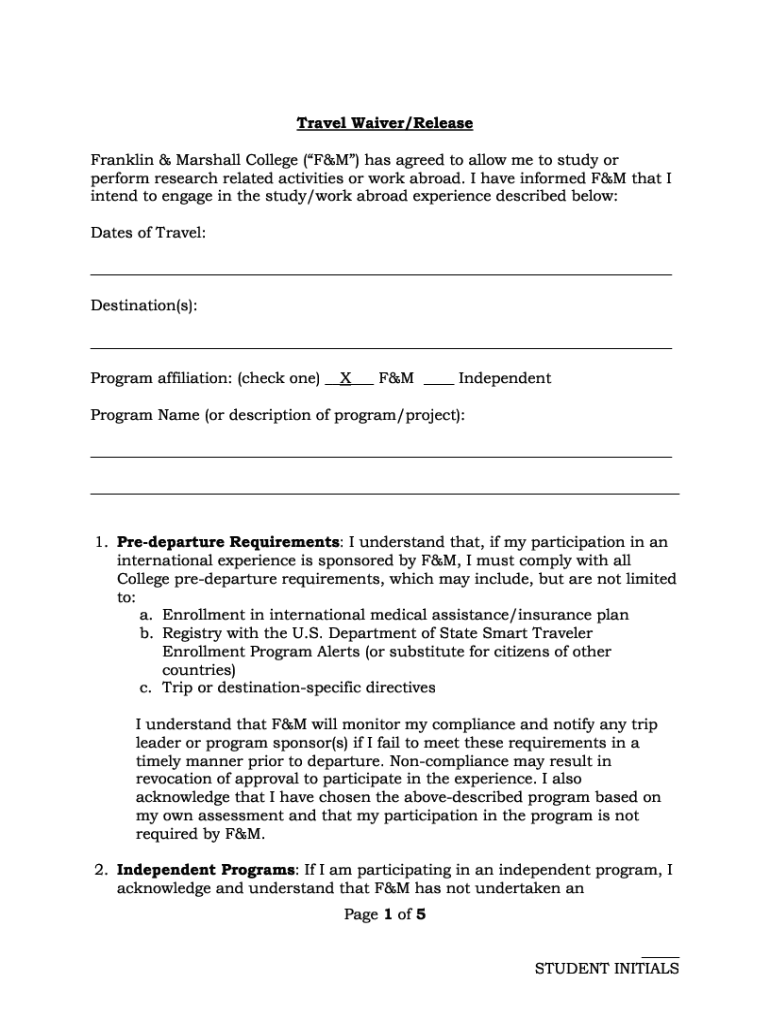 Fillable Online International travel student waiver and release - F&M ...