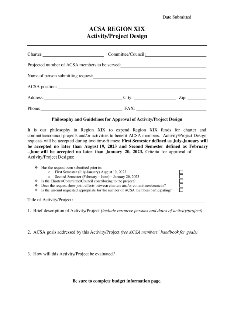 Fillable Online regions acsa ACSA REGION XIX Activity/Project Design ...