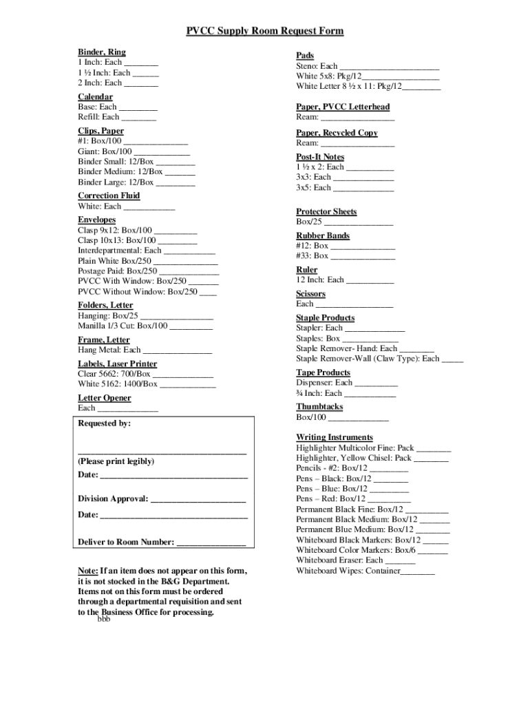 Fillable Online PVCC - Supply Room Request Form. PVCC - Supply Room ... Fillable Online PVCC - Supply Room Request Form. PVCC - Supply Room ...