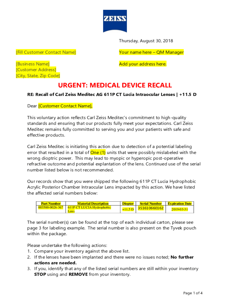 Fillable Online Recall of Carl Zeiss Meditec AG 611P CT Lucia Intraocular ... Fax Email Print ...
