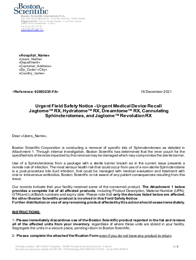 Fillable Online Urgent Medical Device Recall Jagtome RX, Hydratome ...